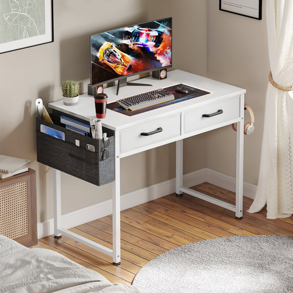 Ebern Designs Writing Desk With Two Drawers, Small Desk With Iron Hook, Computer Desk For Small ...